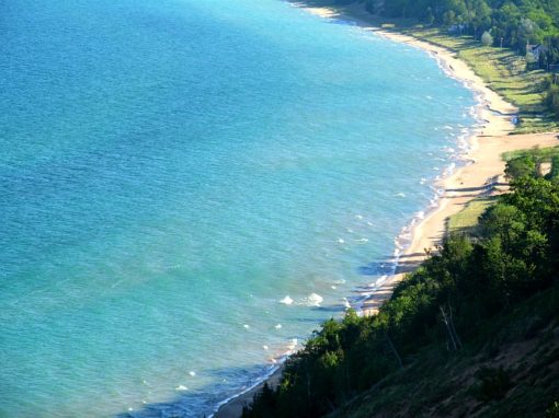Sleeping Bear Dunes beach aerial shot along Lake Michigan